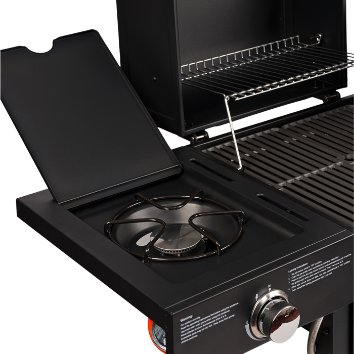 CosmoGrill Duo Dual Fuel BBQ, Gas & Charcoal Hybrid Grill, Side burner