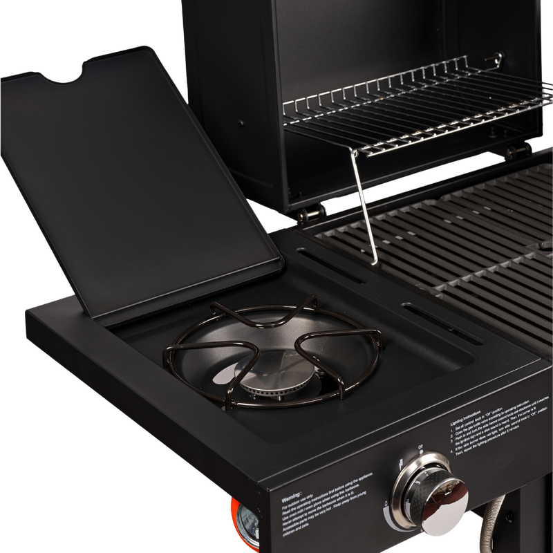 CosmoGrill Duo Dual Fuel BBQ, Gas & Charcoal Hybrid Grill, Side burner