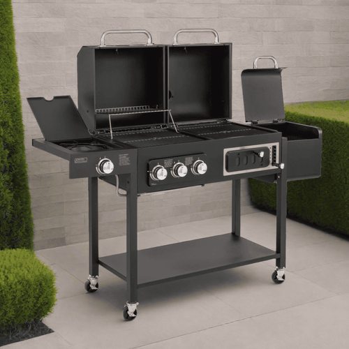 CosmoGrill Duo Dual Fuel BBQ, Gas & Charcoal Hybrid Grill, Side burner