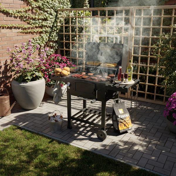CosmoGrill XL Charcoal Smoker BBQ | Thermometer, Side Tables & Wheels