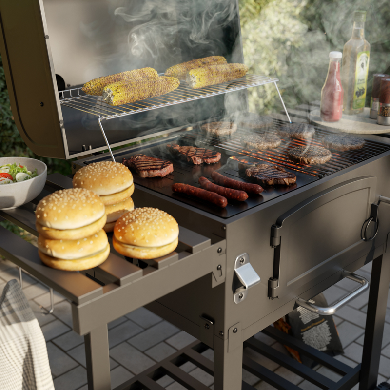 CosmoGrill XL Charcoal Smoker BBQ | Thermometer, Side Tables & Wheels
